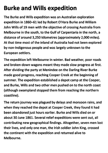 Burke and Wills expedition Handout | Teaching Resources