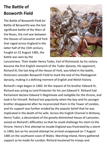 The Battle of Bosworth Field Handout | Teaching Resources