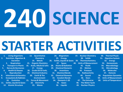 240 Starter Activities Science Chemistry Physics & Biology Keywords KS3 ...