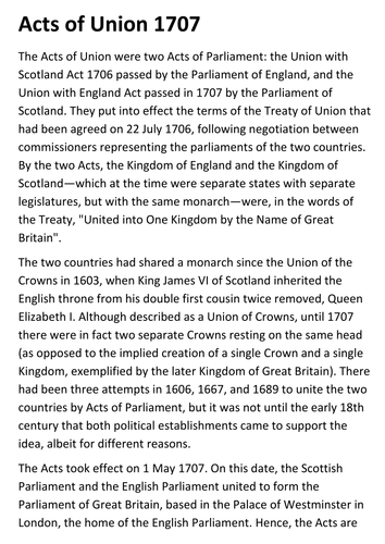 Acts of Union 1707 Handout | Teaching Resources