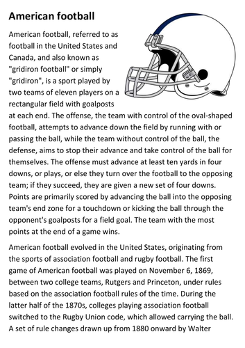 American Football Handout | Teaching Resources