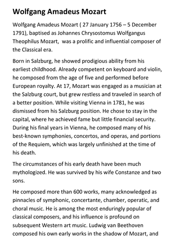 Wolfgang Amadeus Mozart Handout | Teaching Resources
