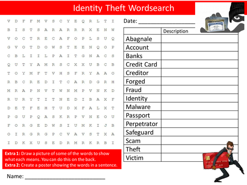 Identity Theft Wordsearch Starter Activity ICT IT Computing Homework ...