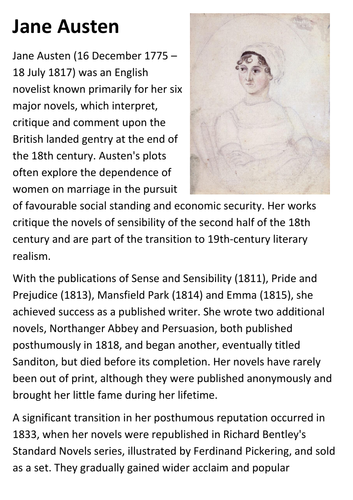 Jane Austen Handout | Teaching Resources
