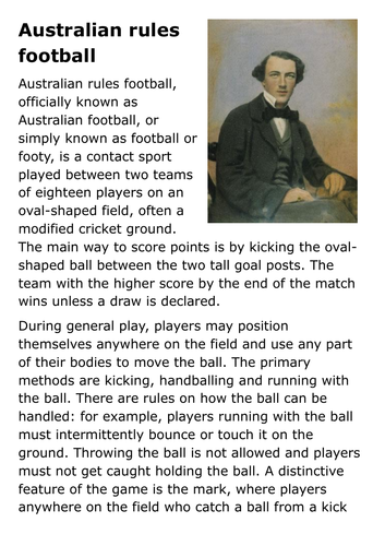 Australian rules football Handout | Teaching Resources