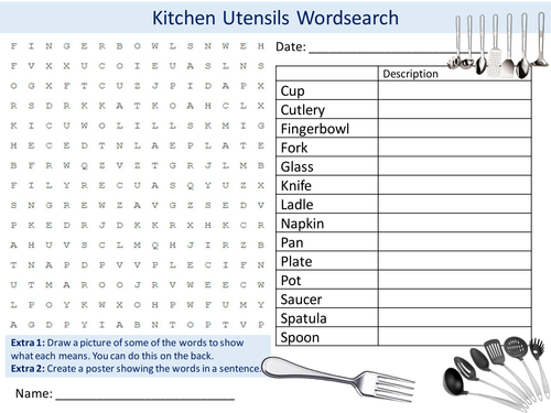Kitchen Utensils Wordsearch Starter Activity Cutlery Food Equipment ...