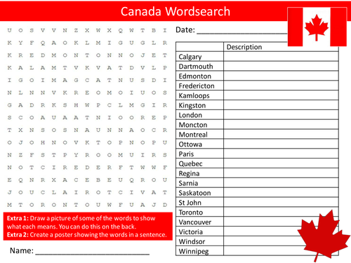 Canada Wordsearch Starter Activity Geography Country Homework Cover ...