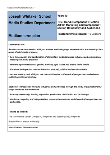 Medium Term Plan for NEW Eduqas Media Studies GCSE 9-1 Component 1a ...