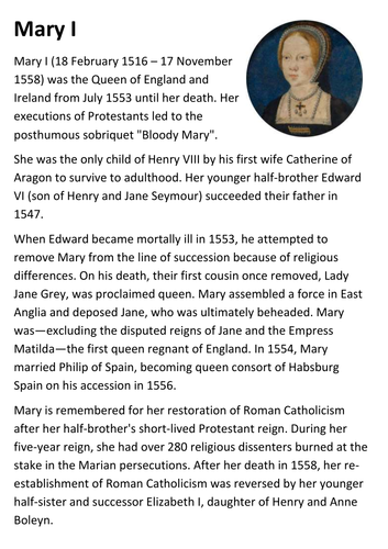 Mary Tudor Handout | Teaching Resources