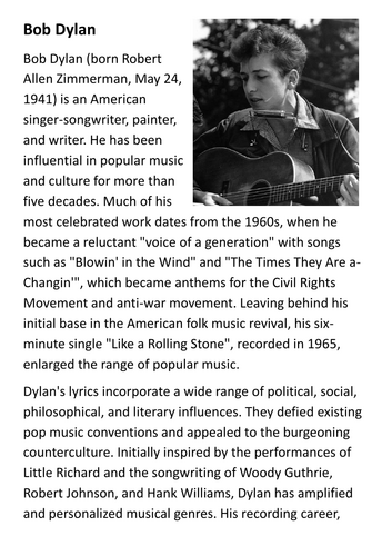 Bob Dylan Handout | Teaching Resources