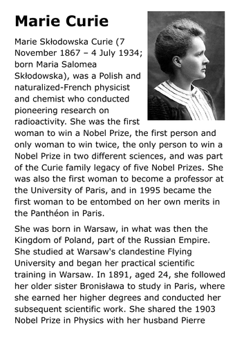 Marie Curie Handout | Teaching Resources Marie Curie Handout | Teaching Resources