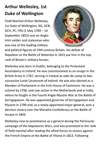 The Duke of Wellington Handout | Teaching Resources