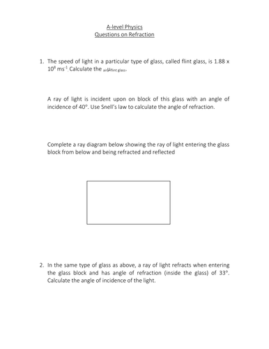 Refraction and Snell's Law Worksheet. | Teaching Resources