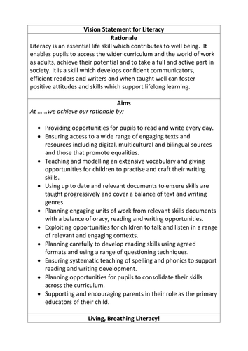 Whole School Literacy Vision Statement | Teaching Resources