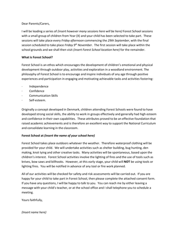 Letter to Parents explaining Forest School (Outdoor Learning) by ...