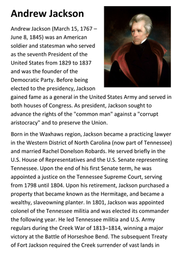 Andrew Jackson Handout | Teaching Resources