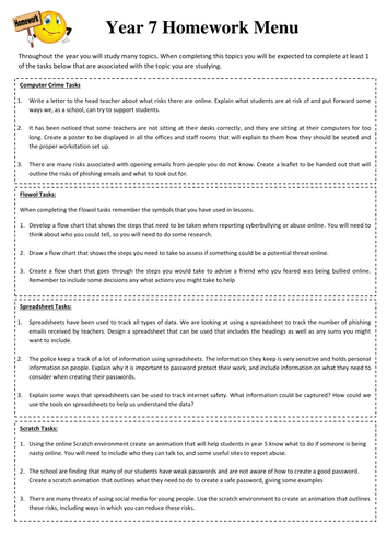 Homework menu written for year 7&8 | Teaching Resources