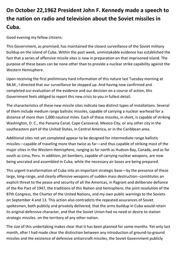 October 22,1962 JFK Speech Cuban Missile Crisis | Teaching Resources