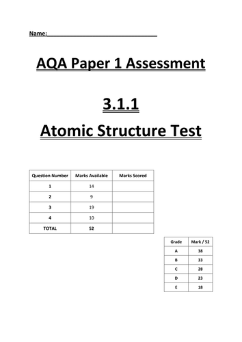 AS and Year 1 AQA Chemistry Atomic Structure Test containing 4 exam ...