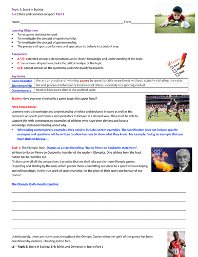 A-Level PE EDEXCEL (spec 2016) 5.4 Ethics and Deviance in Sport: Part 1 ...