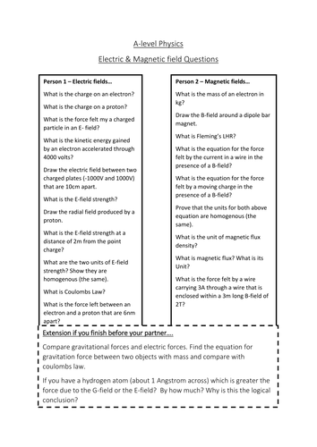Electric and Magnetic fields (paired work) | Teaching Resources