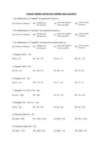Multiple-choice questions on expanding, simplifying and factorising ... Multiple-choice questions on expanding, simplifying and factorising ...