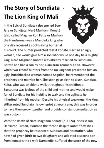 The Story of Sundiata - The Lion King Handout | Teaching Resources