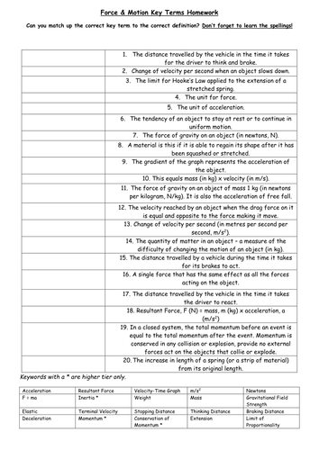 AQA Trilogy 9-1 Physics Force & Motion (Chapter 10) Key Terms Worksheet ...