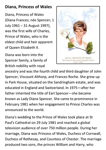 Diana, Princess of Wales Handout | Teaching Resources