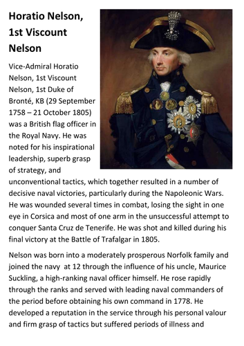 Horatio Nelson, 1st Viscount Nelson Handout | Teaching Resources