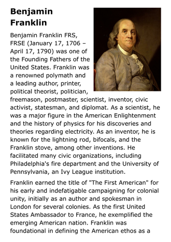 Benjamin Franklin Handout | Teaching Resources