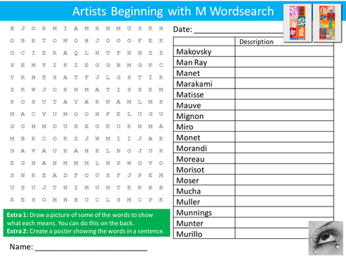 Artists Beginning with M Wordsearch Starter Activity Art History ...