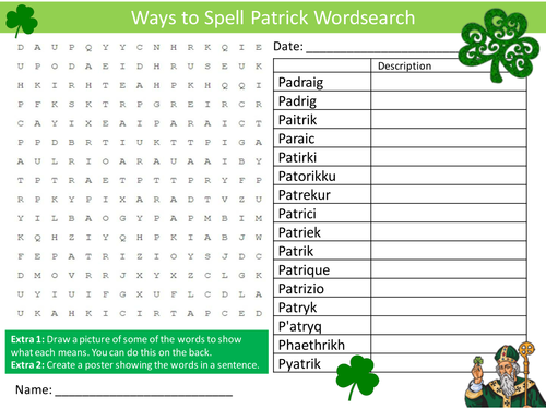 Ways to Spell Patrick Wordsearch St Patrick's Day Literacy Starter ...