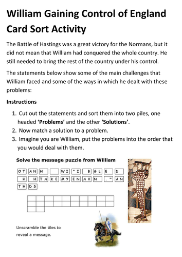 William Gaining Control of England Card Sort Activity | Teaching Resources