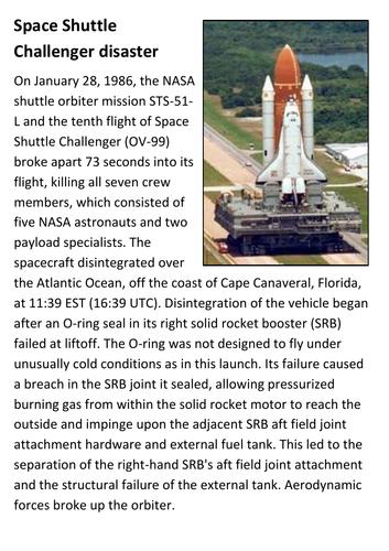 Space Shuttle Challenger disaster Handout | Teaching Resources