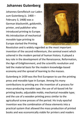 Johannes Gutenberg Handout | Teaching Resources