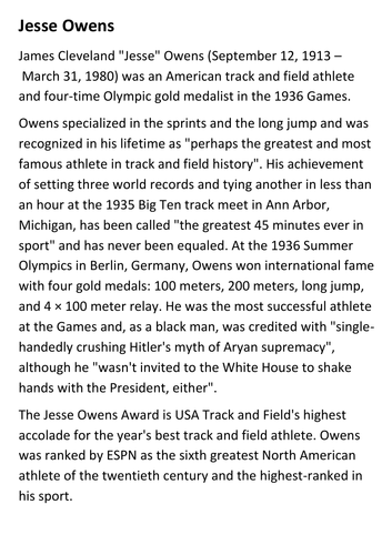 Jesse Owens Handout | Teaching Resources