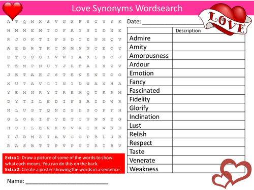 Love Synonyms Wordsearch English Language Literacy Starter Activity ...