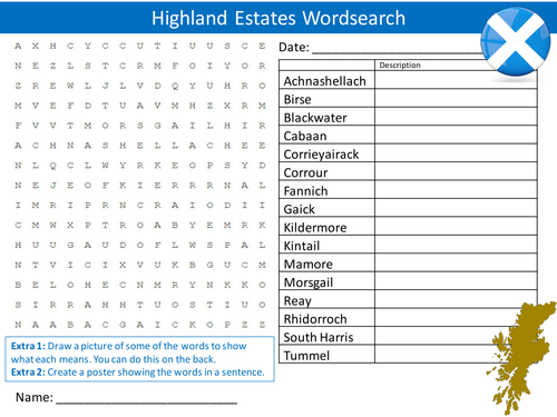 Scotland Highland Estates Wordsearch Literacy Starter Activity Homework ...