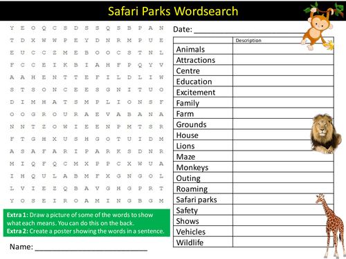 Safari Parks Wordsearch Animals Zoo Literacy Starter Activity Homework ...