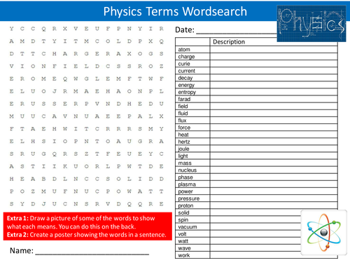 Physics Terms Wordsearch Science Keywords Literacy Starter Activity ...