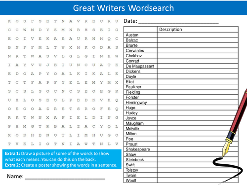 Great Writers Wordsearch English Literature Literacy Starter Activity ...