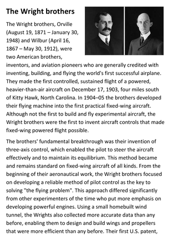 The Wright Brothers Handout | Teaching Resources