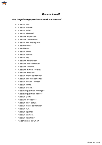 French - 'Guess the word' questions | Teaching Resources