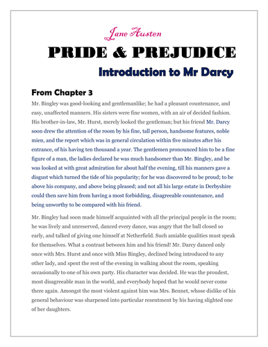 Pride and Prejudice - Mr Darcy | Teaching Resources