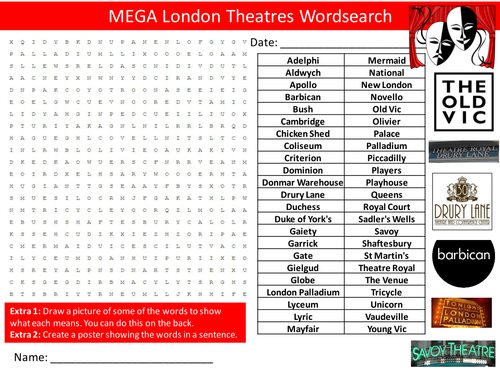 London Theatres 1&2 Wordsearch Drama Literacy Starter Activity Homework ...