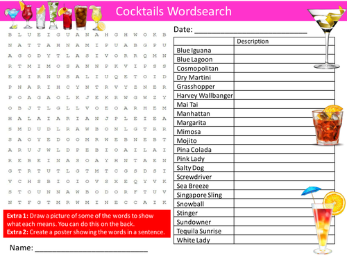 Cocktails Wordsearch Alcohol Awareness PHSE Starter Activity Homework ...