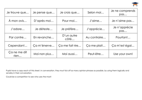 French - Spend the opinion cards | Teaching Resources