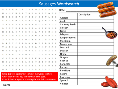 Sausages Wordsearch Food Technology Literacy Starter Activity Homework ...