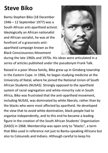 Steve Biko - Apartheid South Africa Handout | Teaching Resources